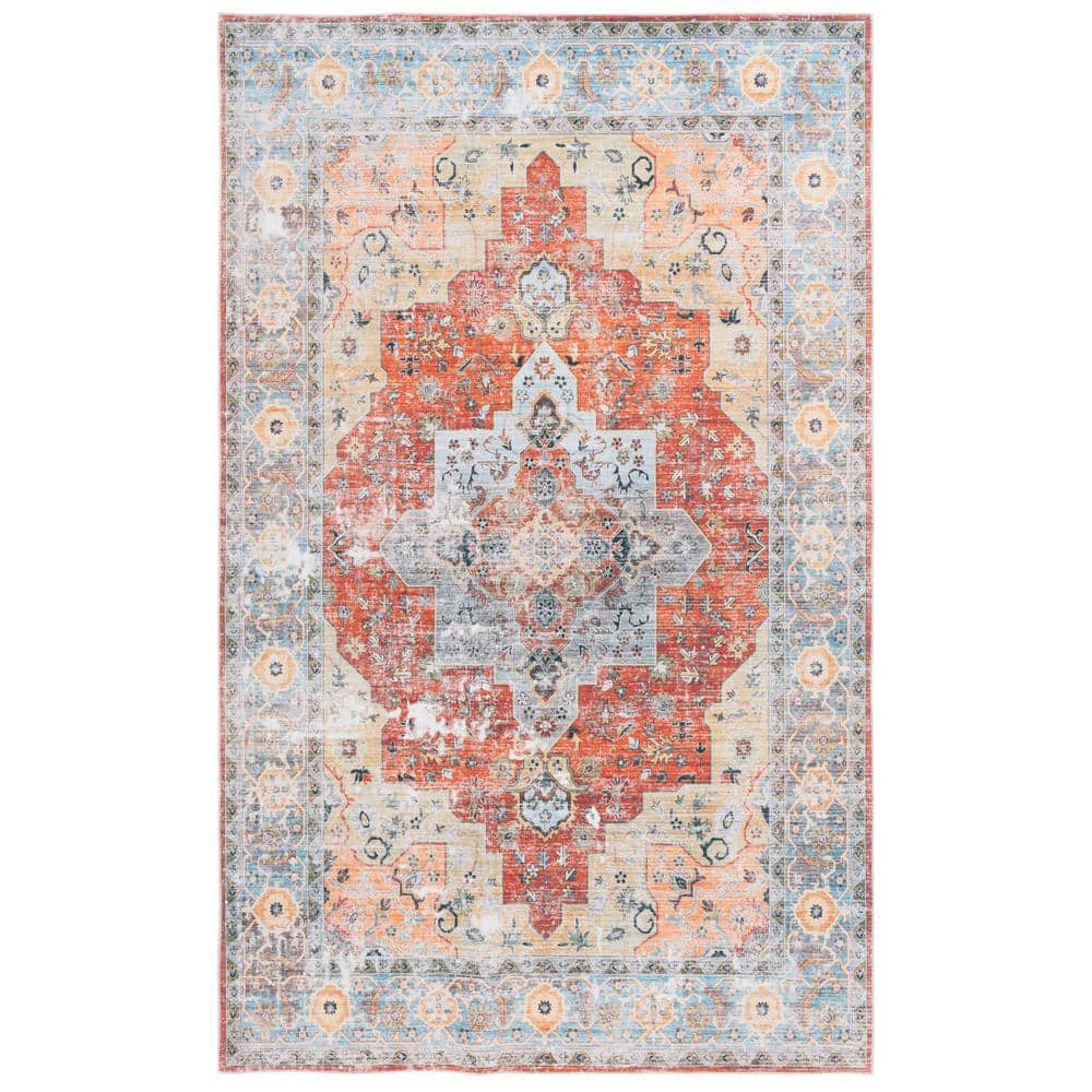 SAFAVIEH Arizona Rust/Aqua 3 ft. x 5 ft. Border Ornate Machine Washable ...