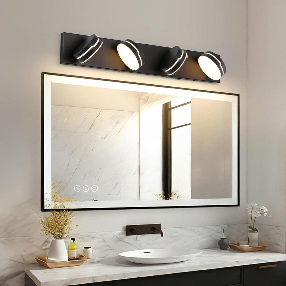 RUGIAR 25.59 in. 4-Light Matte Black Modern Bathroom Vanity Light with ...