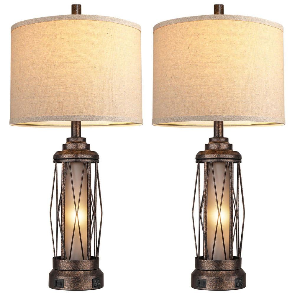 Rottogoon 26 in. Farmhouse Frosted Glass Table Lamps with Beige Fabric ...