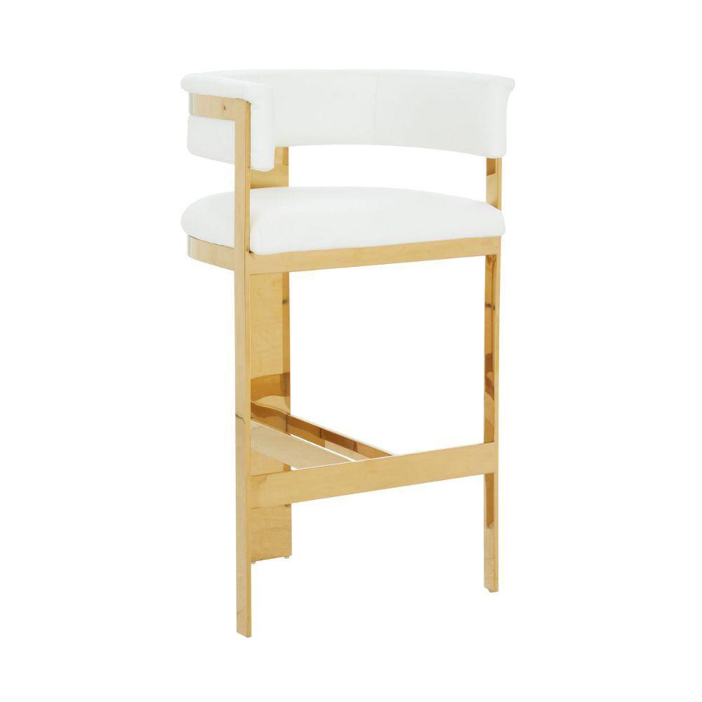 Benjara 39.4 in. White and Gold Low Back Metal Frame Bar Stool with ...