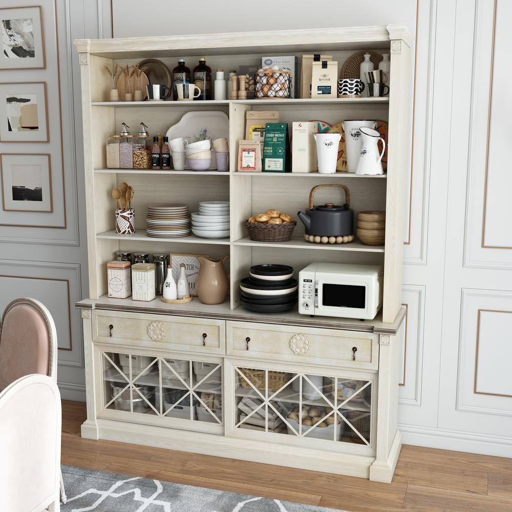 FUFU&GAGA Brown Wood Rustic Style 61 in. W Buffet and Hutch Kitchen Cabinet with Drawer ...