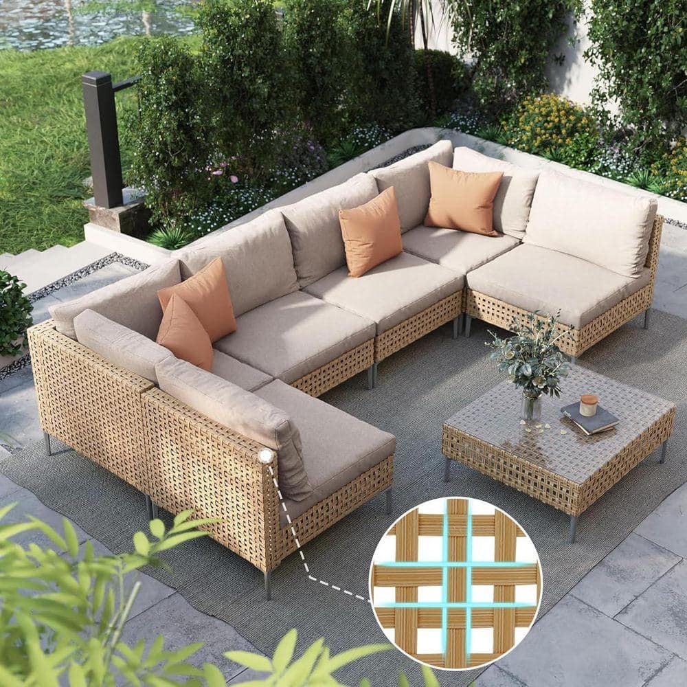 MEOOEM 7-Piece Wicker Metal Patio Conversation Set, Outdoor Sectional ...