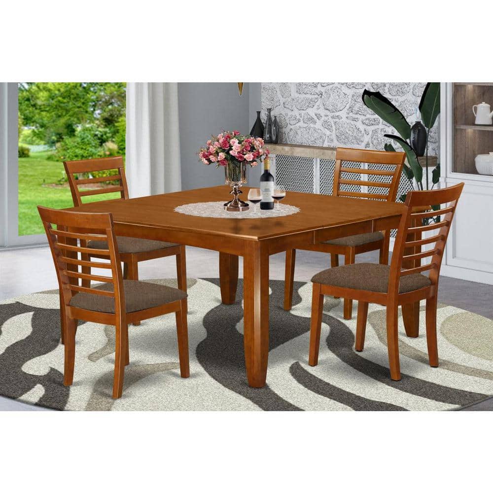 East West Furniture 5-Piece Square Saddle Brown Finish Solid Wood Top Dining table with 4 Chairs ...