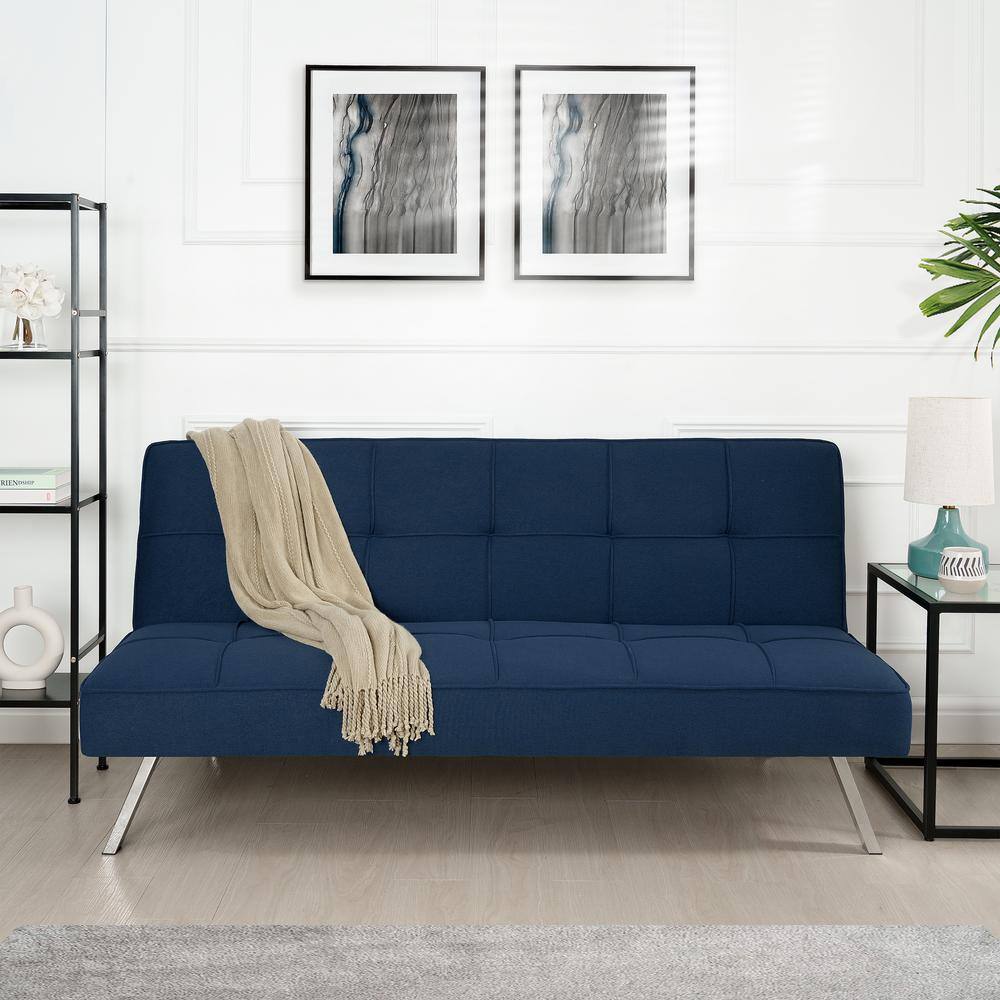 HOMESTOCK Blue Modern Futon Sofa Bed - Convertible Futon with Linen ...