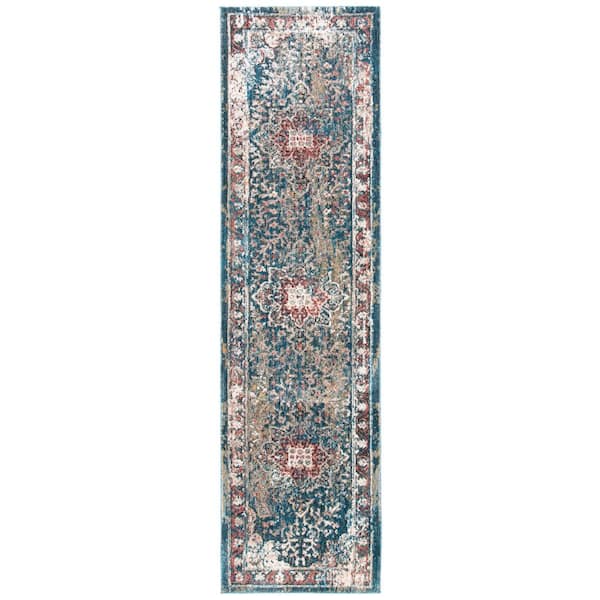 SAFAVIEH Carlyle 2 ft. x 8 ft. Turquoise/Ivory Medallion Distressed ...