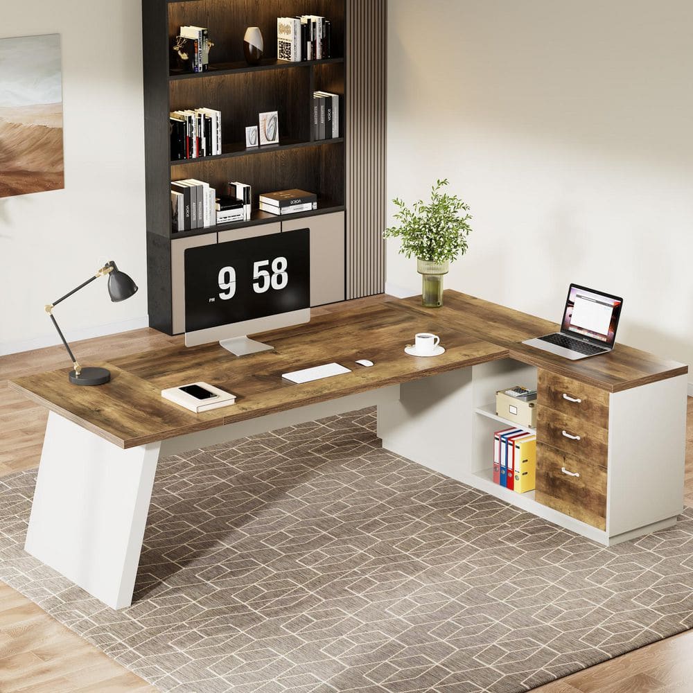 BYBLIGHT Capen 78.7 in. L Shaped Brown and White Wood Executive Desk 3 ...