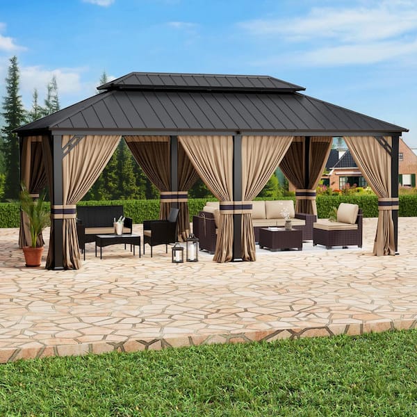 Halmuz 20 ft. x 12 ft. Gray Metal Hardtop Gazebo with Double Roof ...