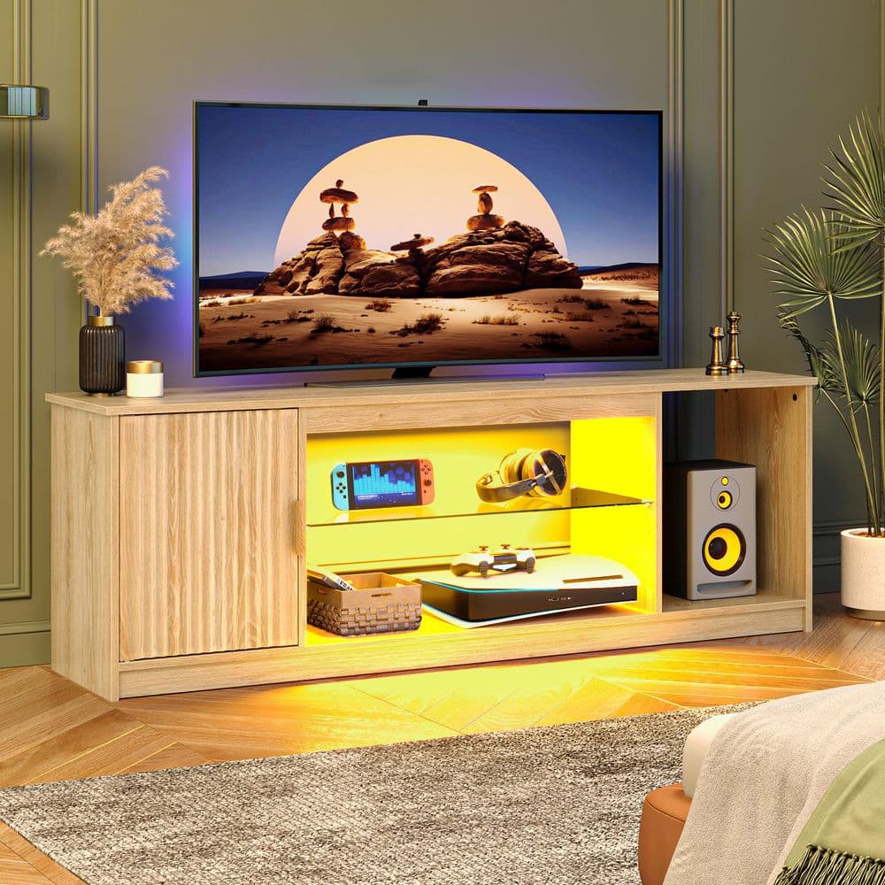 Bestier 57 in. Fluted Natural Wood Color TV Stand Fit TV Up to 65 in ...