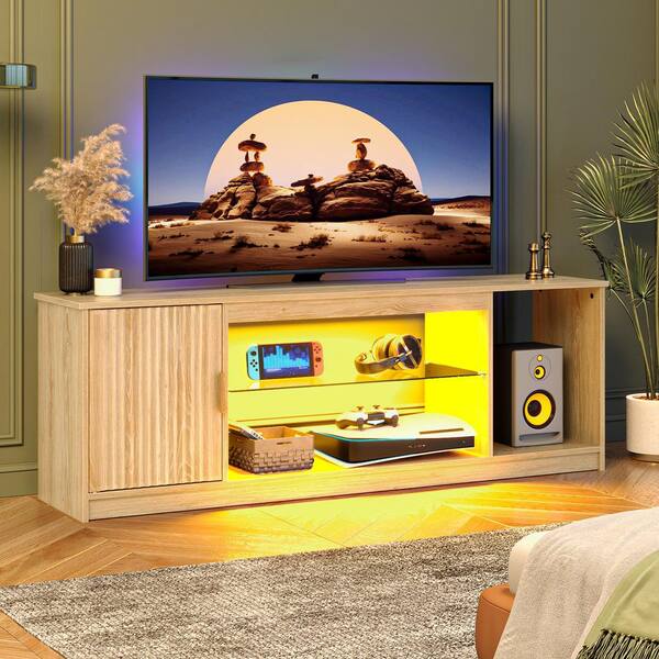Reviews for Bestier 57 in. Fluted Natural Wood Color TV Stand Fit TV Up ...