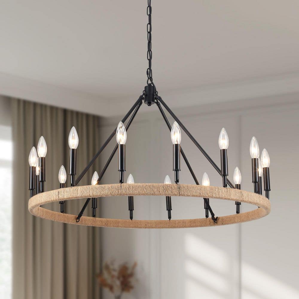 ZJVAIVE 16-Light Black Hemp Rope Candlestick Wagon Wheel Chandelier ...