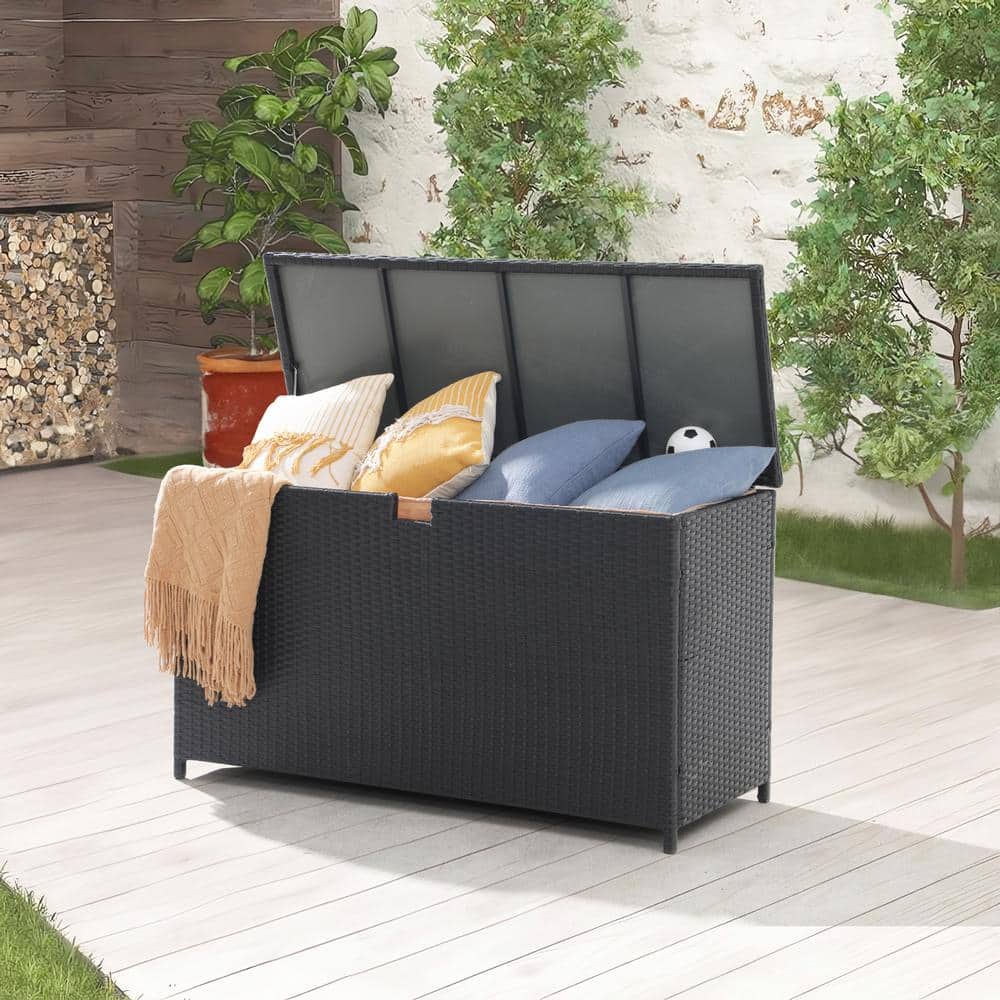 Yangming 120 Gal. Black Wicker Aluminum Frame Outdoor Storage Bench ...