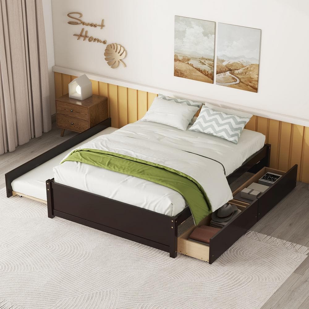 Modern and Simple Espresso 57 in. W Full Size Wood Platform Bed Frame with Drawers Trundle Wood Slats Bed Frame