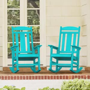 LUE BONA Aruba blue Plastic Adirondack Outdoor Rocking Chair with High ...