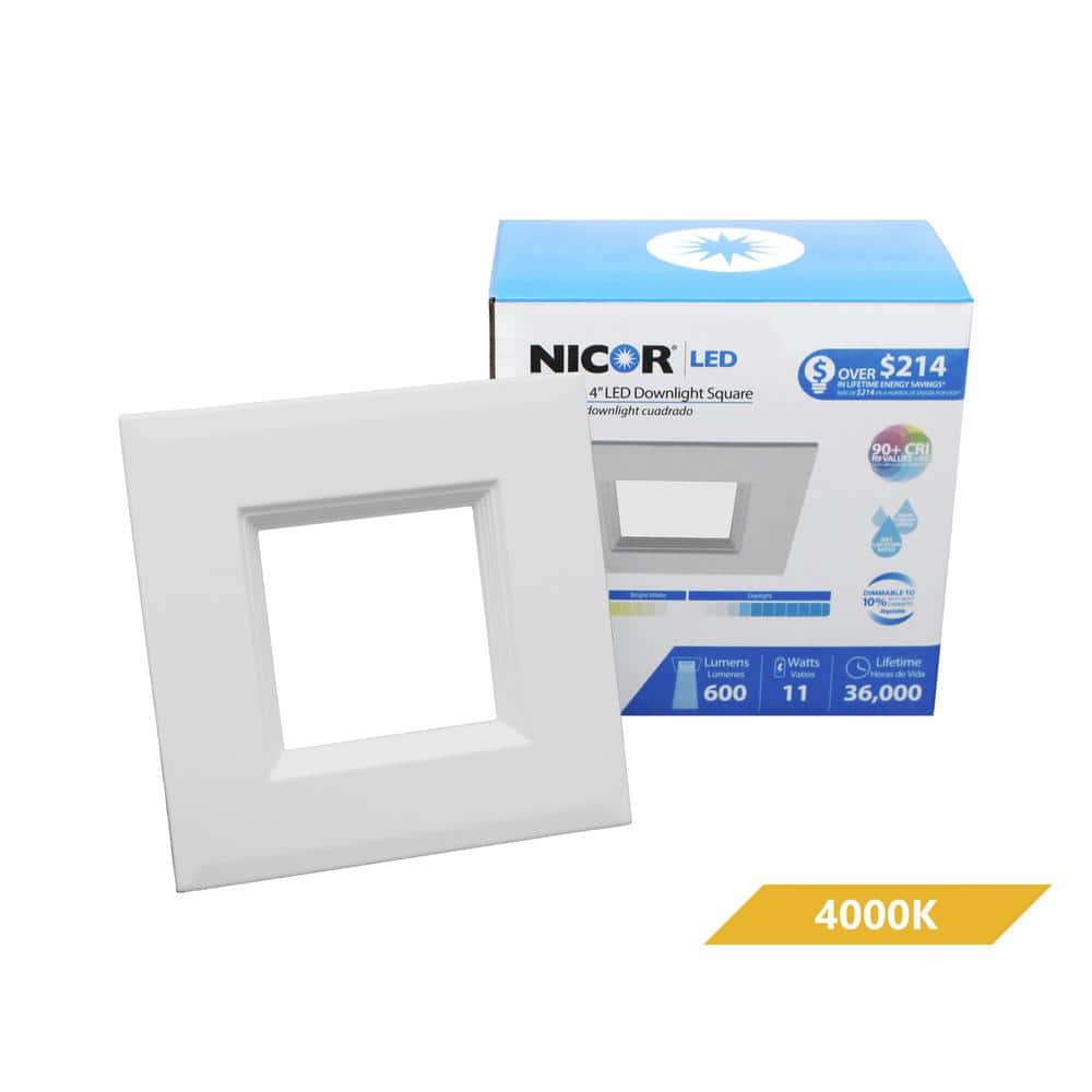 NICOR DLR Series 4 in. White (4000K) LED Retrofit Recessed Square Trim ...