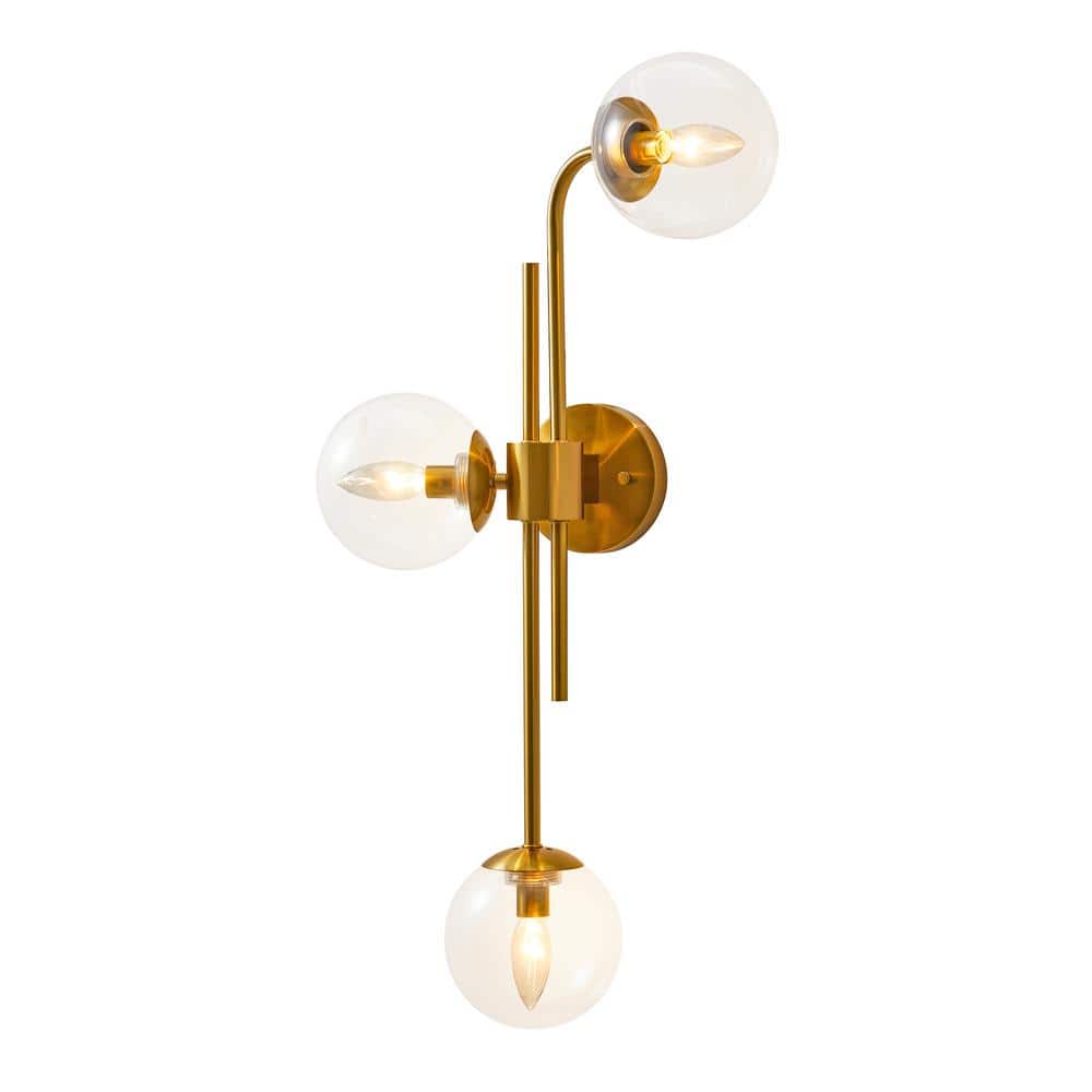 KAWOTI 29.25 in. 3-Light Antique Brass Wall Sconce with Clear Glass ...