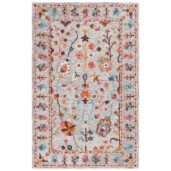 SAFAVIEH Blossom 5 ft. x 8 ft. Gray/Red Floral Border Area Rug BLM685F ...