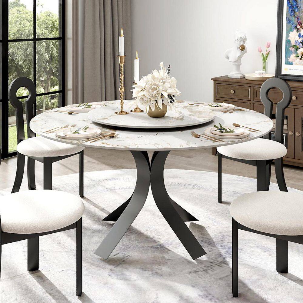 Magic Home Modern 59.0 in. Pandora Rotable Lazy Susan Round Sintered Stone Tabletop with Black ...