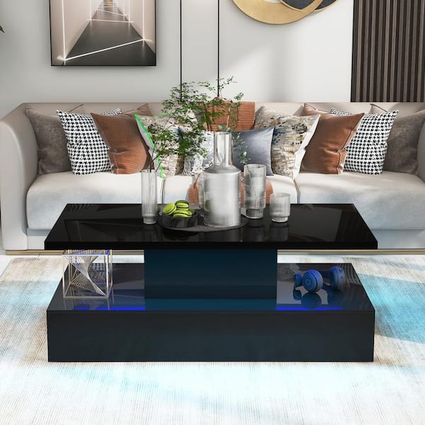 Qualler 47 in. Black Rectangle Wood Top Coffee Table with 16 Qualler 47 in. Black Rectangle Wood Top Coffee Table with 16