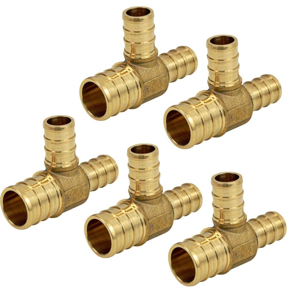 PLUMBFLEX 1 in. x 3/4 in. x 3/4 in. Brass PEX Barb Reducing Tee Pipe Fittings (5-Pack) 10335PXRT ...