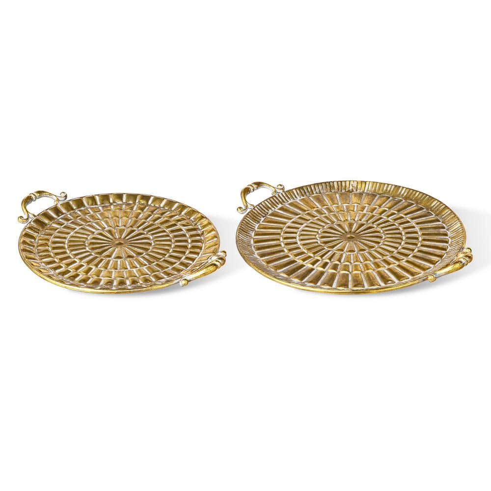 Glitzhome Round Metal Gold Embossed Decorative Trays with Handles（Set ...