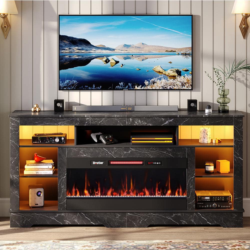 Bestier 71 in. Black Marble TV Stand with Electric Fireplace Fits TV Up ...