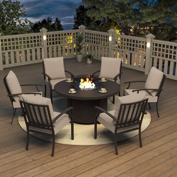 Halmuz 7-Piece Black Aluminum Outdoor Patio Set with Round Fire Pit, 6 ...