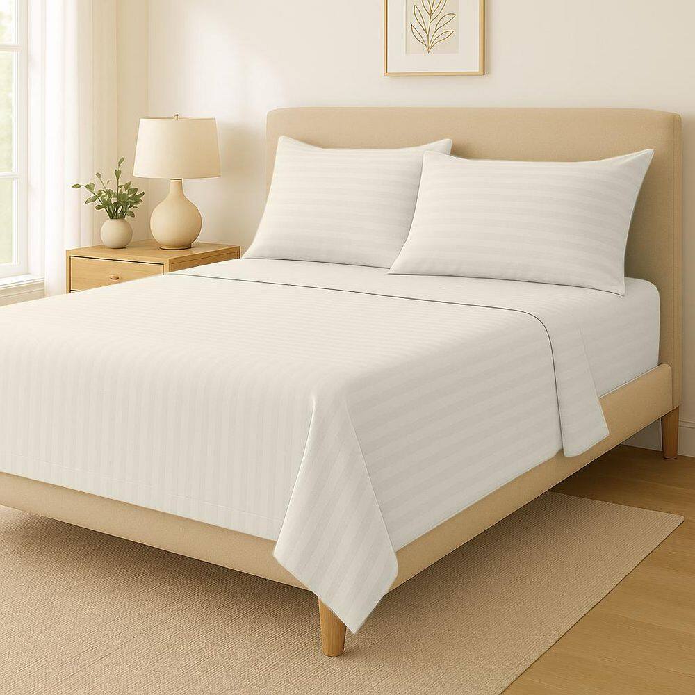 800 Thread Count 4 Piece Ivory Striped 100% Cotton Full Deep Pocket ...