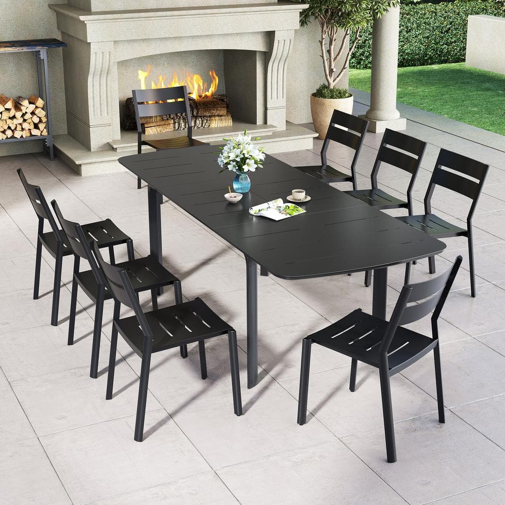 Pellebant Black 9-Piece All-Aluminium Rectangle Extendable Table ...