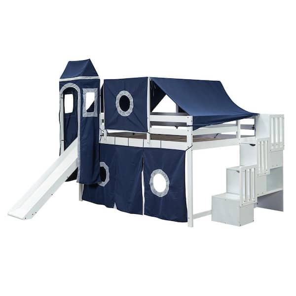 Harper & Bright Designs Blue Full Size Wood Loft Bed with Tent, Tower ...