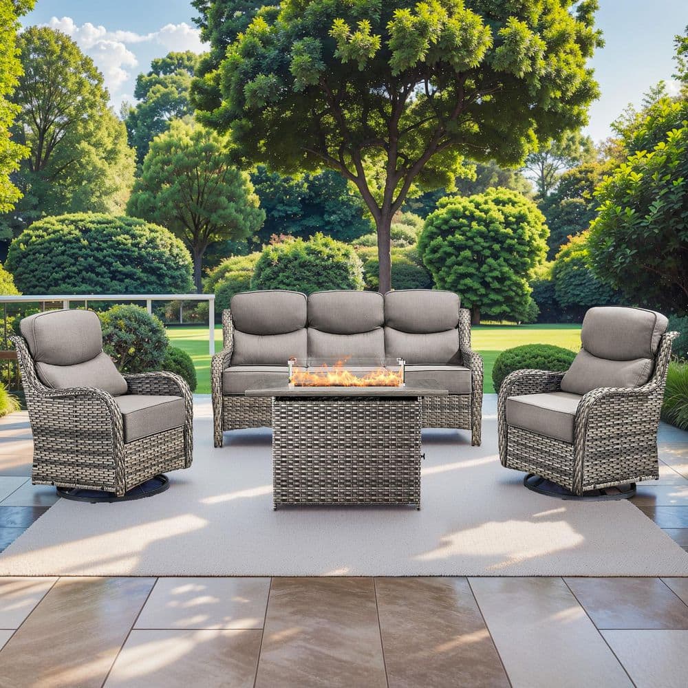 Bellefurn NovaSwivel Gray 4-Piece Wicker Patio Fire Pit Seating Sofa Set Outdoor Conversation ...