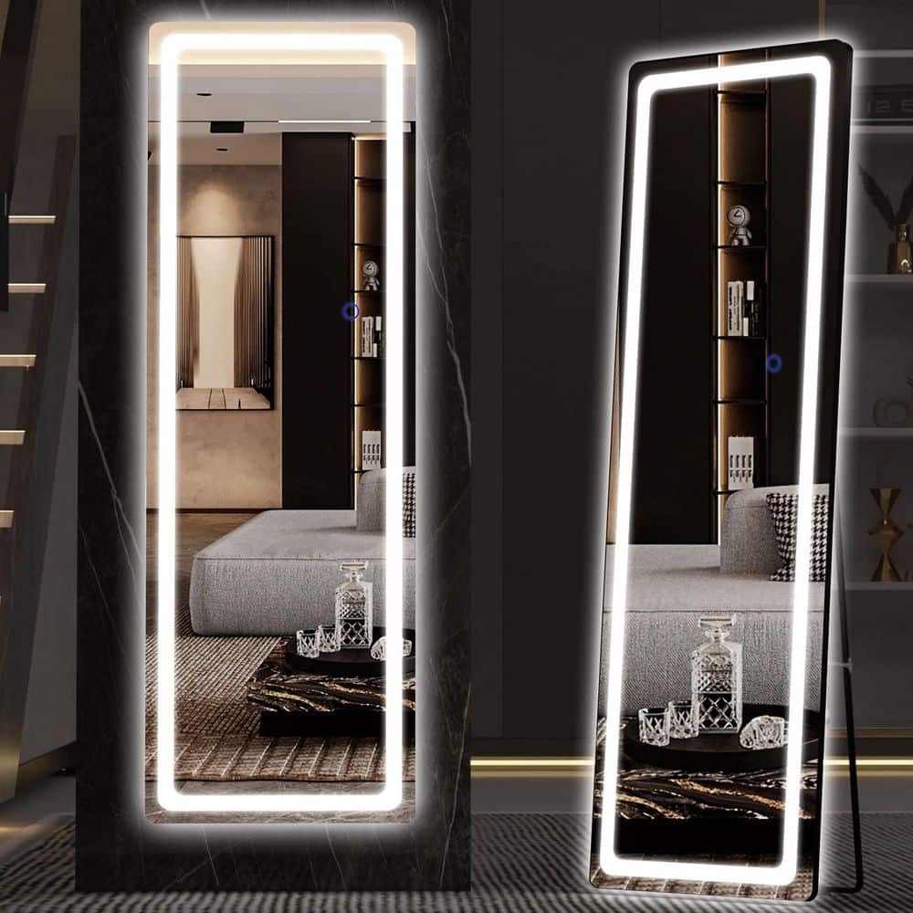 Vosuja Black 16 in. W x 56 in. H Rectangle Full Length Mirror with LED ...