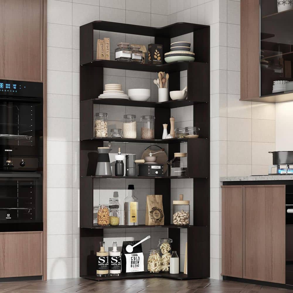 FUFU&GAGA Walnut Dark Brown 5+Shelf Wood 35.4 in. W Baker's Rack Corner Storage Shelf Unit ...