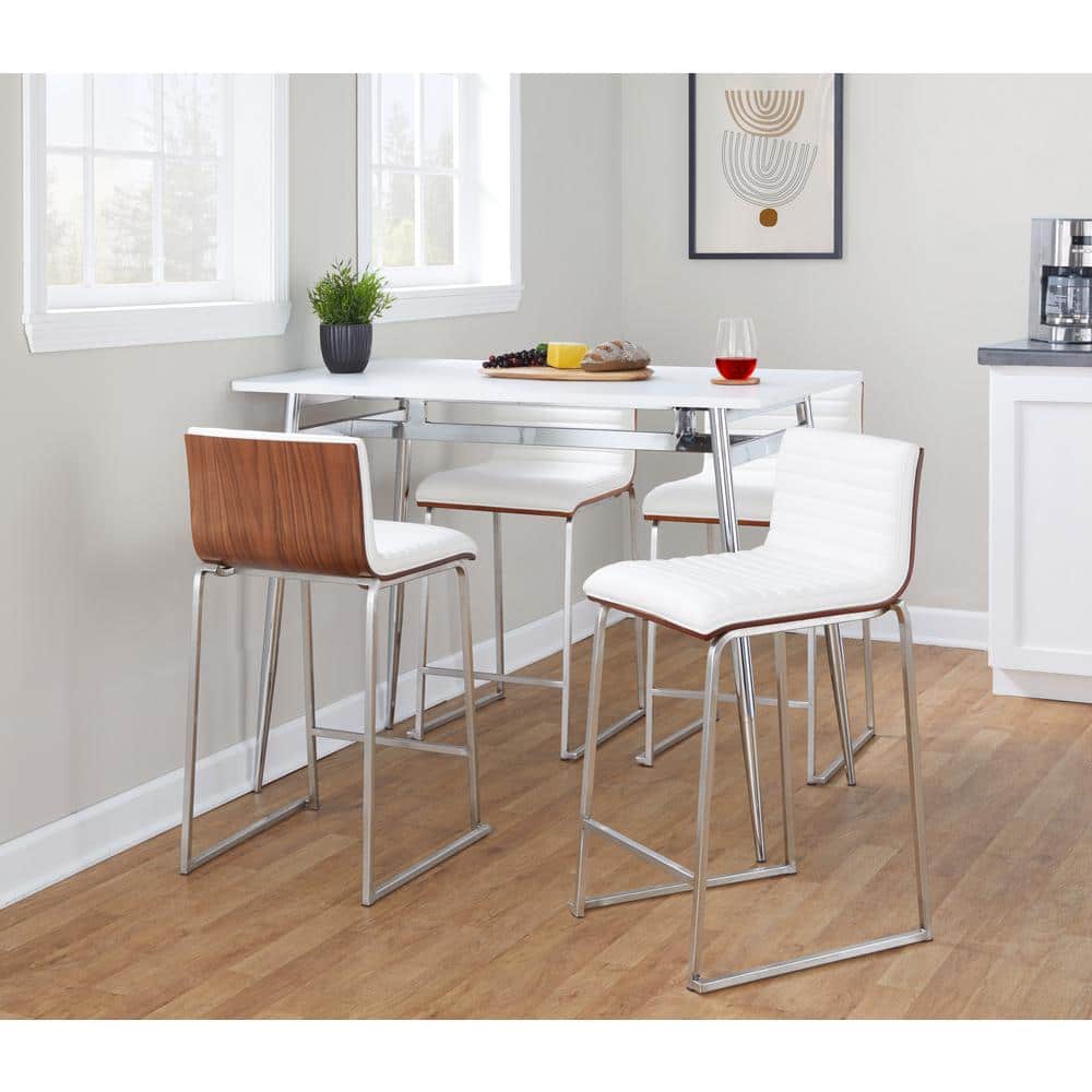 Lumisource Marcel-Mara 5-Piece White Faux Leather, Walnut Wood, Chrome ...
