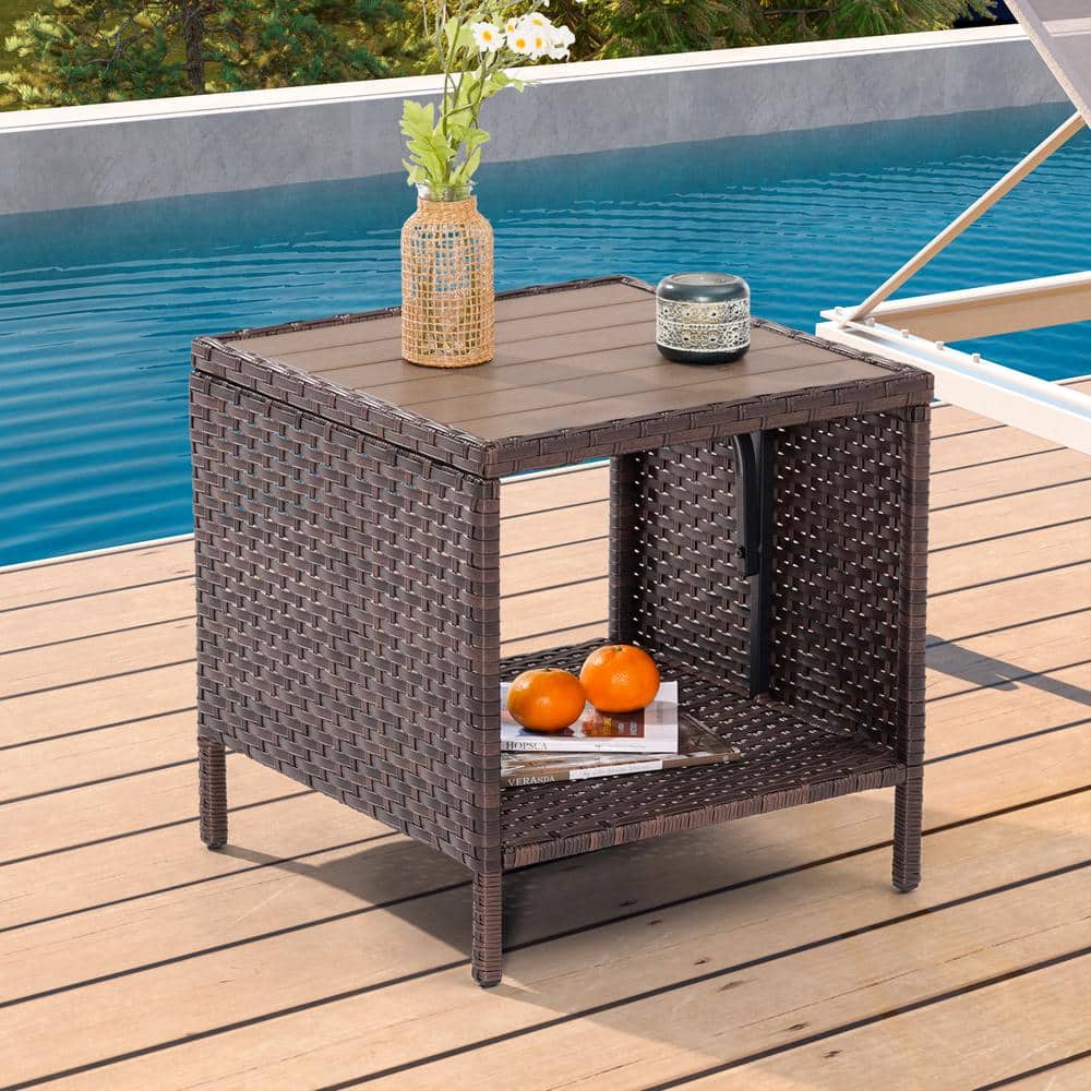 Sonkuki Outdoor PE Brown Rattan Side Table, Square Water-Proof Coffee HIPS Tabletop for Indoor ...
