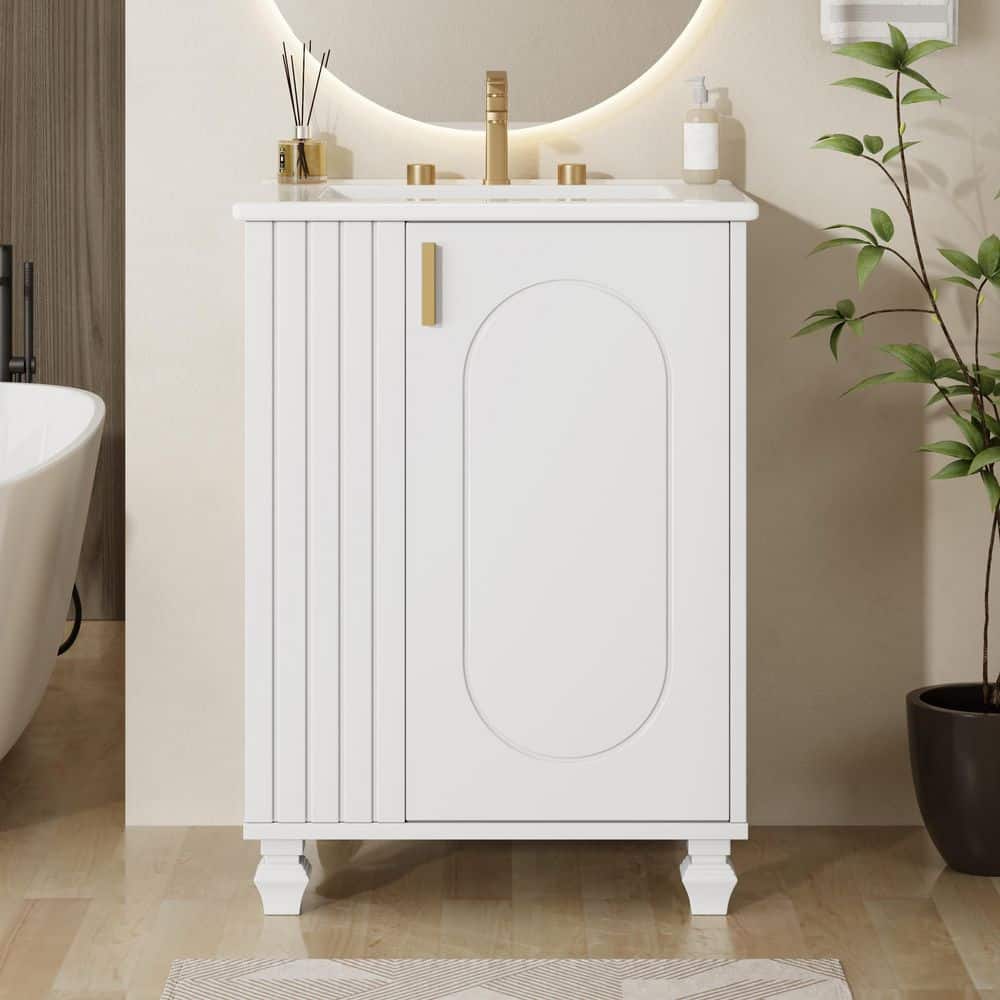 Ziyudura 24 in. Single Sink Freestanding White Bath Vanity with White ...