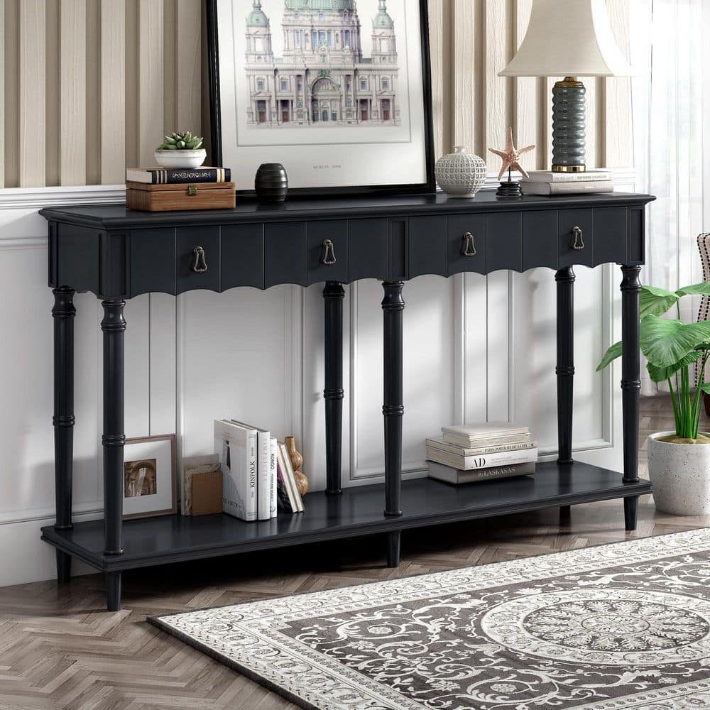 GODEER 63.00 in. Antique Black Rectangle Wood Country Console Table with 4-Front Facing Storage ...