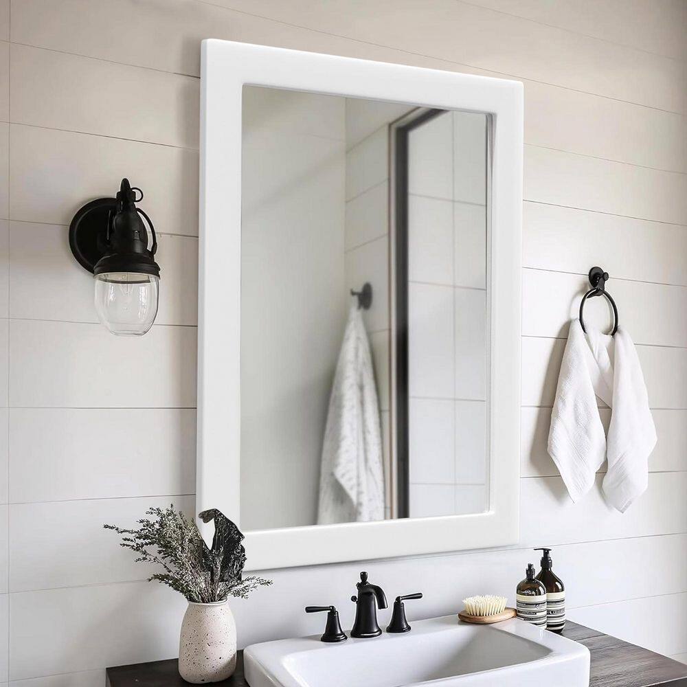 Sxiawe 24 in. W x 32 in. H Simple Rectangular White Wood Frame Bathroom ...