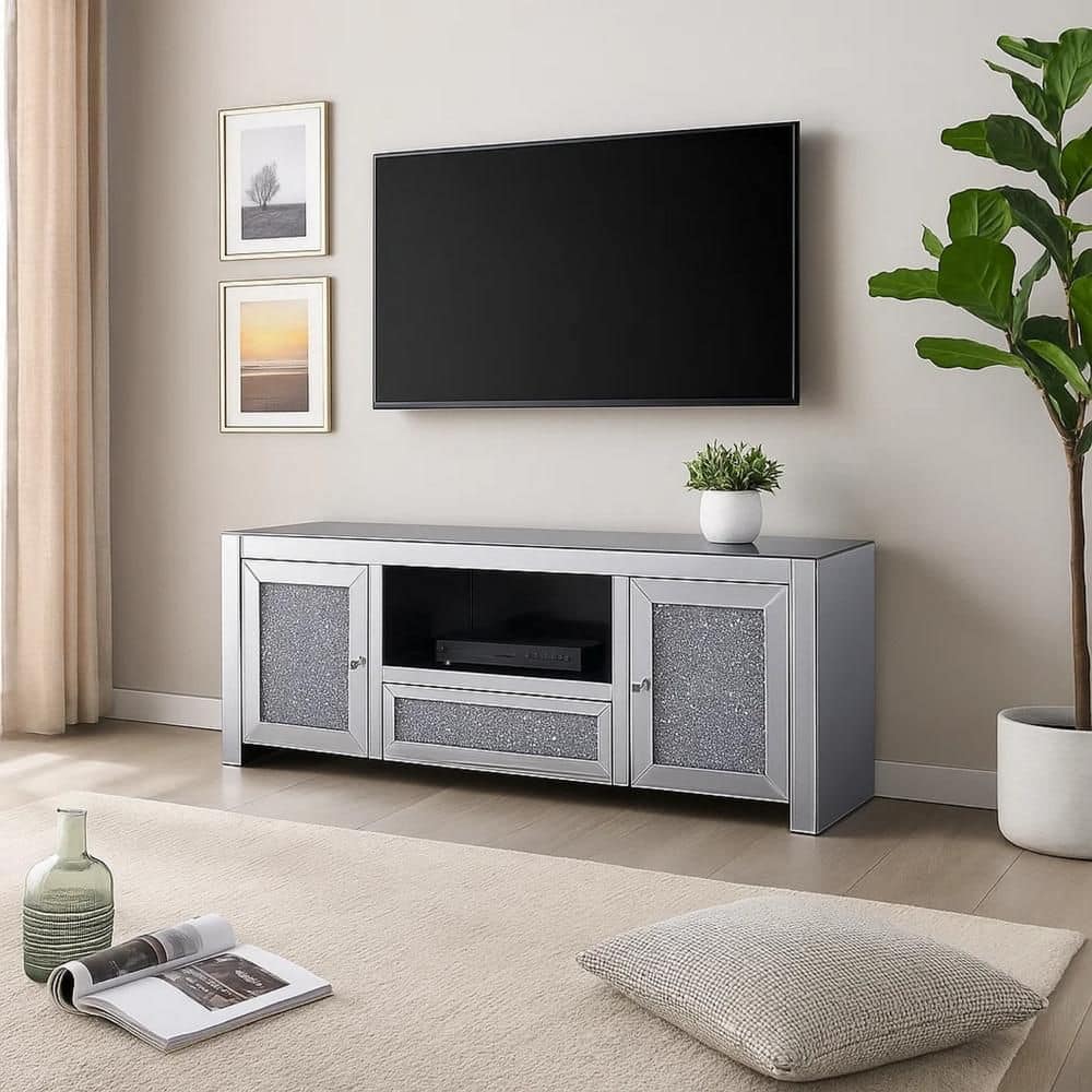 Benjara 59 in. Silver Wood TV Stand Fits TVs up to 65 in. Faux Diamond ...
