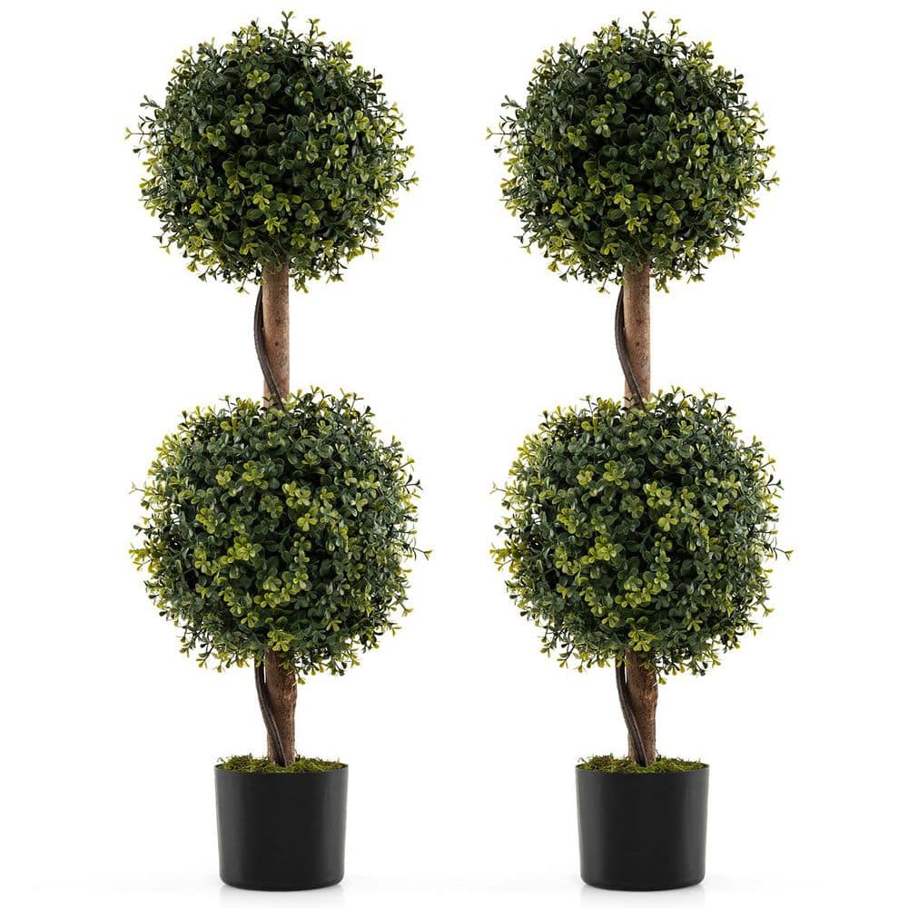 Gymax Set of 2 Artificial Double Topiary Ball Trees 3 ft. Faux Boxwood ...