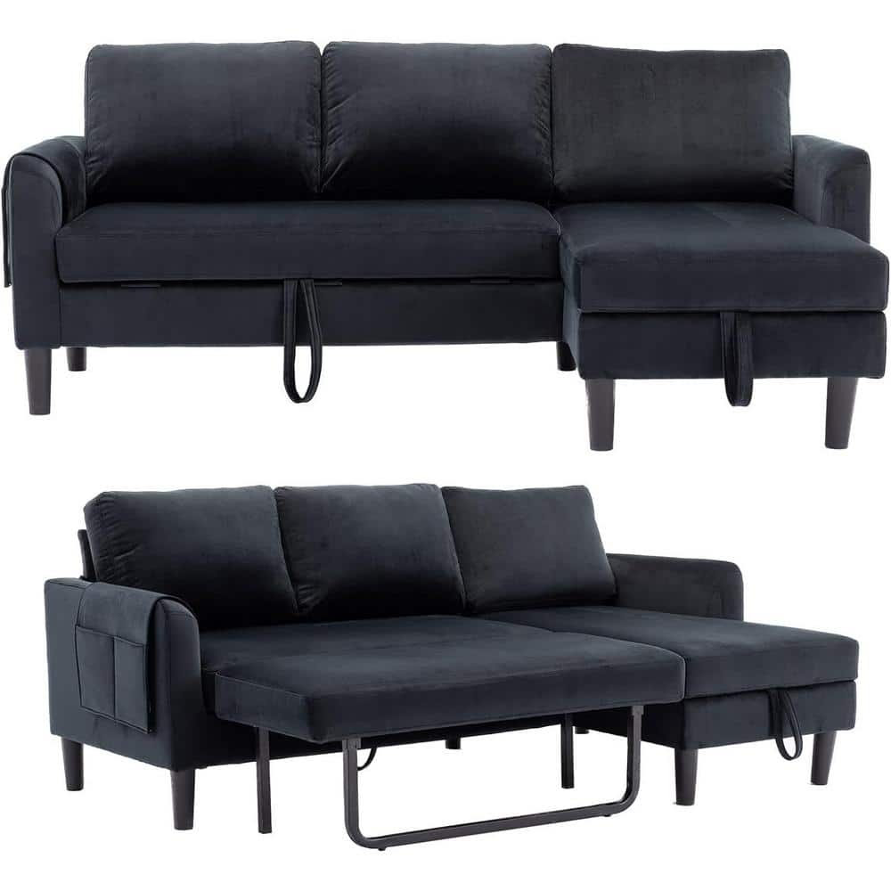 Uixe 72.44 in. Square Arm Velvet Convertible Sleeper Sofa L-Shape ...