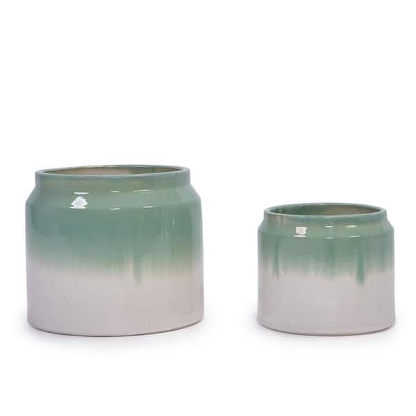 Green Set of 2 Mixed Size Outdoor Ceramic Plant Pots Stylish Ceramic ...