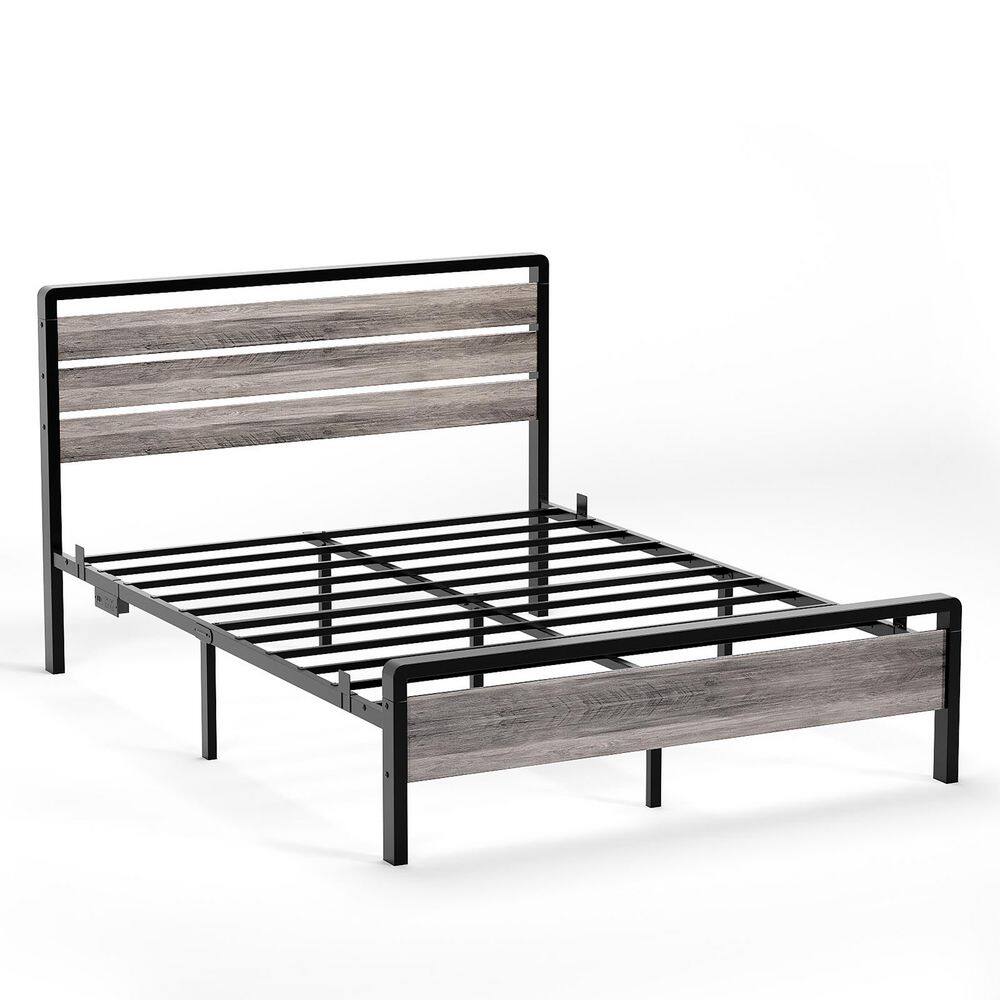 Karl home Gray Metal Frame King Platform Bed with LED Lighting USB Port ...