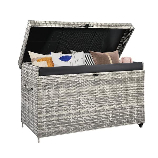 Grey 200 Gal. Wicker Patio Deck Box with Lid, Outdoor Storage Box ...