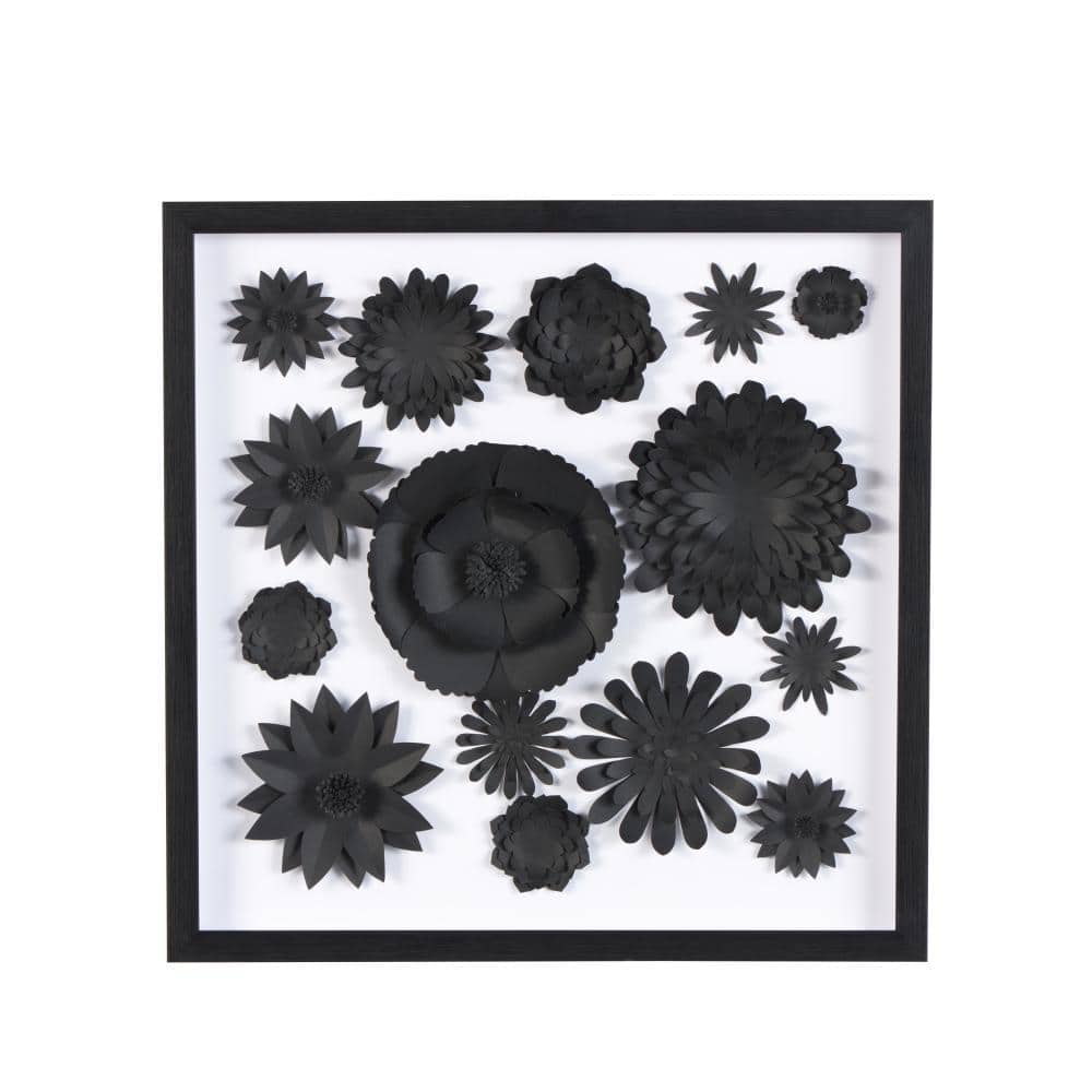 Litton Lane 20 in. 20 in. Black Cluster Floral Shadow Box Wall Art with ...