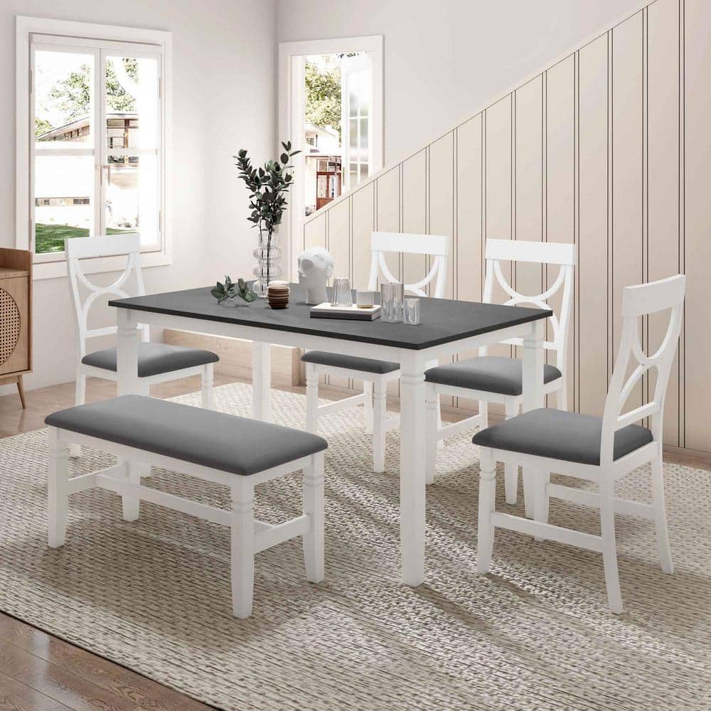 Polibi 6-Piece Farmhouse White Wood Top Dining Room Set with ...