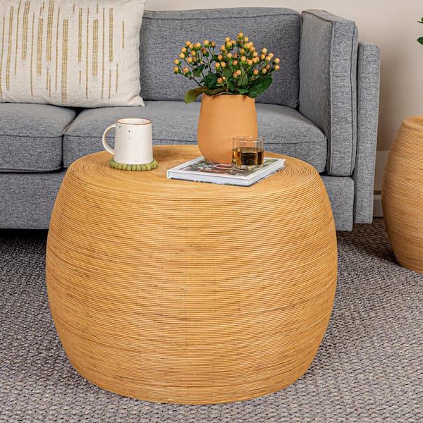 Storied Home 26.9 in. Natural Barrel Round Rattan Wicker Coffee Table EC1680 The Home Depot