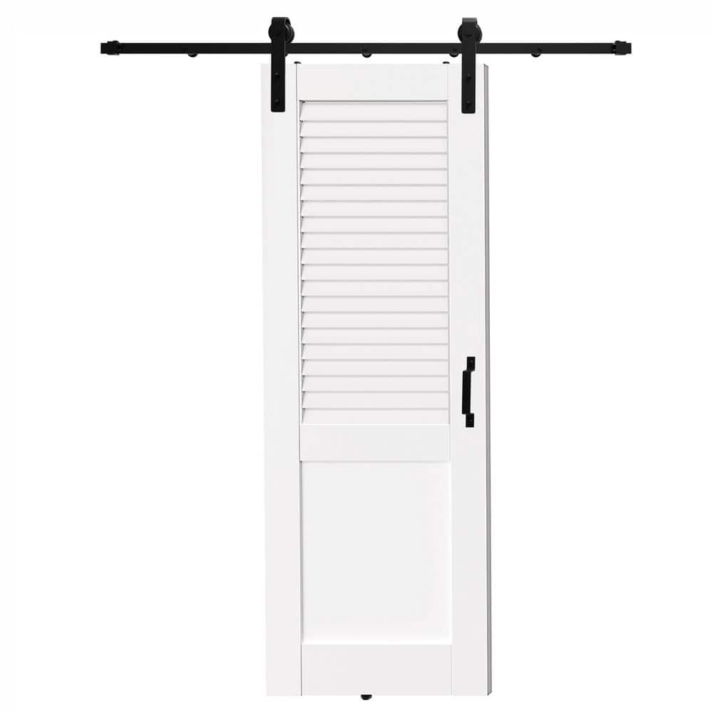TENONER 30 in. x 80 in. Half-Louver White Primed Pine Wood Barn Door ...