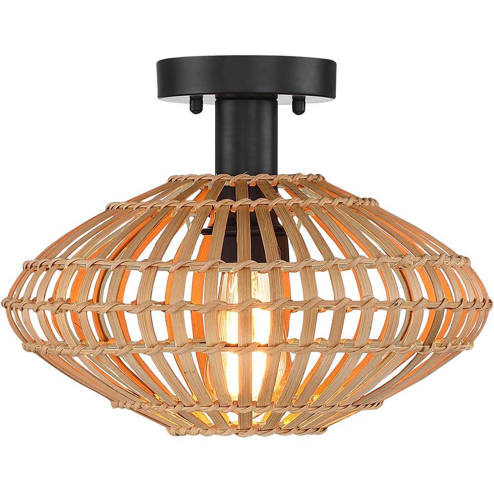 TRUE FINE 13 in. 1-Light Eclectic Natural Rattan and Bamboo Semi-Flush ...