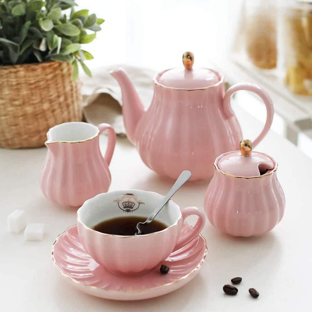 Wudkey Pink Royal Teapot with Infuser Ceramic British Style Teapot with ...