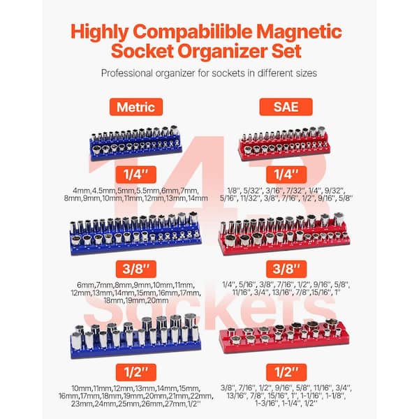 SAE Metric Socket Holders 6-Piece Magnetic Set - Holds 143 Sockets For ...